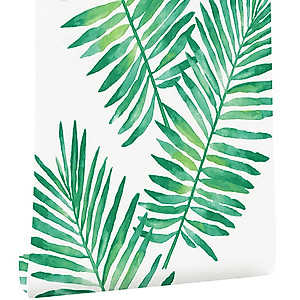 HOYOYO Tropical Shrub Leaves Self-Adhesive Liner Paper, White, greens Tropical Shrub Leaves Removable Peel and Stick Dresser Cabinets Furniture Table Desk Home Decor 17.8 x 118 inch