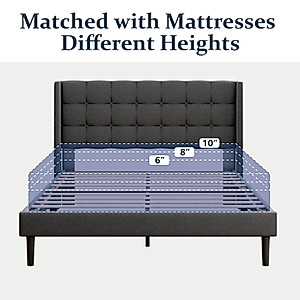 Sismplly Queen Size Bed Frame with Button Tufted Wingback Headboard, Modern Upholstered Platform Bed, Strong Wooden Slats, No Box Spring Needed, Noise-Free, Easy Assembly, Dark Grey