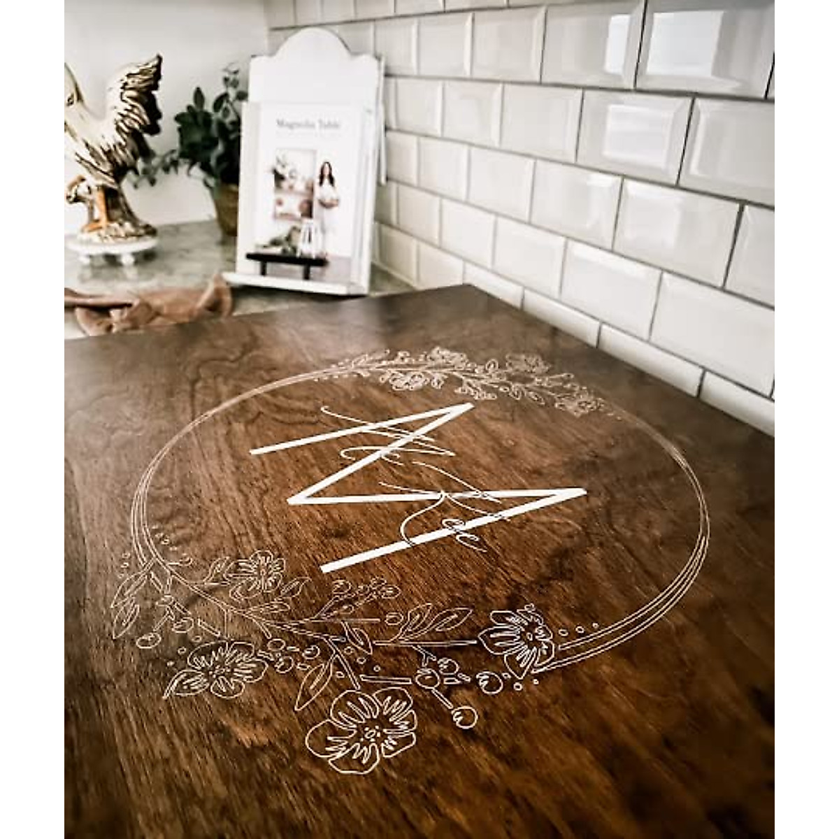 Josephine Thomas Home Personalized Noodle Board, Large Initial + Last Name, Stove Cover, Cooktop Cover, Warm Brown