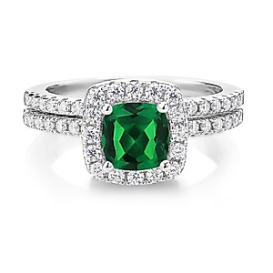 Gem Stone King 925 Sterling Silver Cushion Green Nano Emerald and White Moissanite Wedding Engagement Ring Band Bridal Set For Women (1.52 Cttw, Available In Size 5, 6, 7, 8, 9)