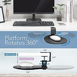 EHO Clamp on Mouse Platform, Clip on Pad Rotating 360 Degree, Ergonomic Mouse Tray Attachment, Mouse Pad, Slide Out Tray, Suitable for 1.5" Thickness Desk, for Home Organizer Extender (Black)