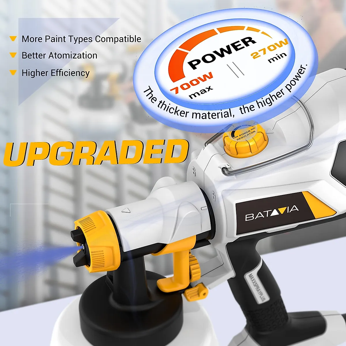 Upgraded Paint Sprayer, BATAVIA 700W Power HVLP Electric Spray Paint Gun, 1200ML, 4 Nozzles, 3 Patterns, Paint Gun for House Painting, Home Interior and Exterior, BSG0082 (High Speed Motor)