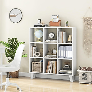 Giantex 9-Cube Open Bookcase, 3-Tier Freestanding Bookshelf with 4 Slanted Legs & 6 Removable Shelves, Modern Cubby Storage Organizer, Wood Display Book Shelf for Living Room Bedroom Study, White