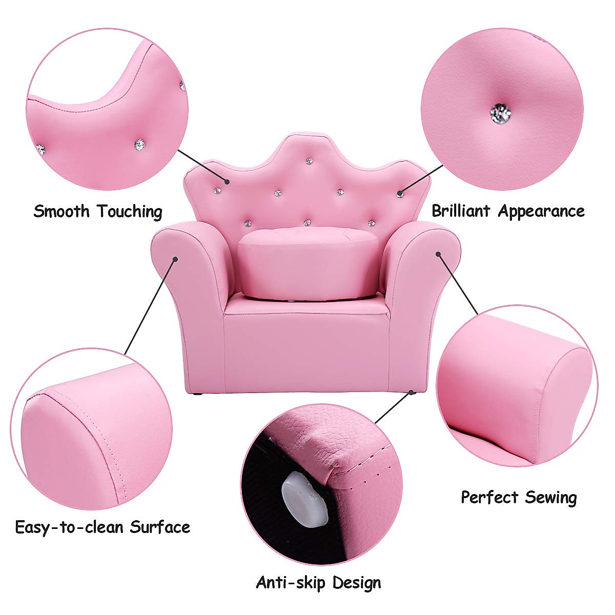 Costzon Kids Sofa, Children Upholstered Sofa with Ottoman, Princess Sofa with Diamond Decoration, Smooth PVC Leather Toddler Chair, Kids Couch for Boys and Girls, Gift for Toddlers (Pink)