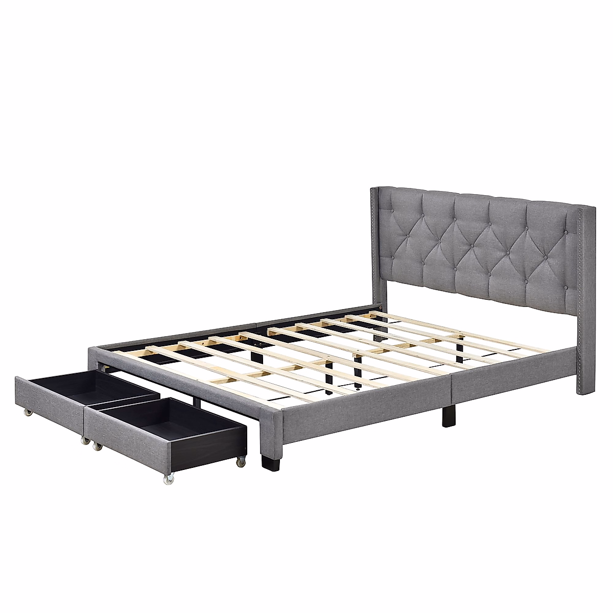 DNYN Upholstered Queen Size Platform Bed with Storage for Kids,Adults Bedroom,Linen Fabric Bedframe w/Two Drawers & Tufted Nailed Headboard,No Box Spring Needed & Space Saving Design, Gray