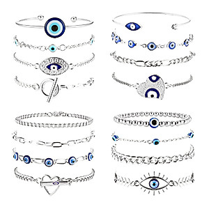 ORAZIO 16Pcs Evil Eye Bracelets for Women Bangle Link Chain Bracelet Set Silver Tone(Style 1)