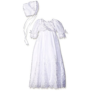 Swea Pea & Lilli Long White Embroidered Organza Baby Girl Christening Baptism Special Occasion Newborn Dress Gown with Matching Hat - L (12-18 Month, 18-22 lbs)