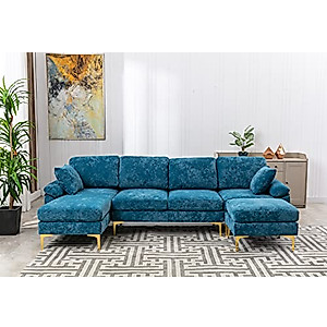 EMKK Modern Sectional Sofa L/U Shaped Couch with Extra Wide Chaise Lounge and Gold Legs Upholstered Modular Convertible Sofá Living Room Furniture for Home or Office,Teal Blue, 114.4253.9433.46 INCH