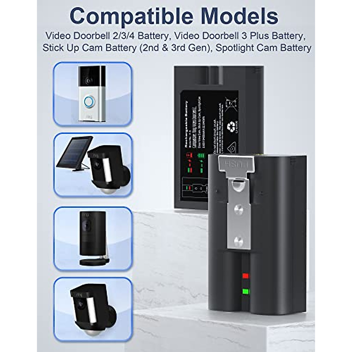 2 Pack Batteries and Charging Station Compatible with Ring, Charger Station for Video Doorbell 2/3/4 Battery, Video Doorbell 3 Plus Battery, Spotlight Cam Battery（Not for Stick Up Cam）