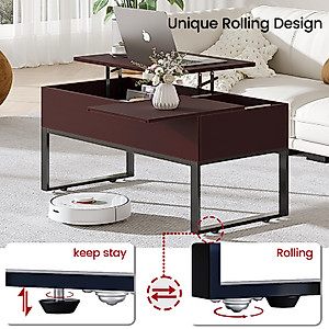 VEELOK Lift Top Coffee Table for Living Room with Hidden Storage Compartment on Rolling Wheels, 3-Way Slide Desktop Drawer Modern Coffee Tables, 43.3" Wood Coffee Table, 440lbs Max Weight, Espresso