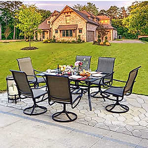 MEOOEM Patio Dining Set of 7, Outdoor 6 High Back Swivel Rock Chairs with Arms and 63 inch Rectangle Dining Table with 1.57" Umbrella Hole for Backyard Garden Bistro