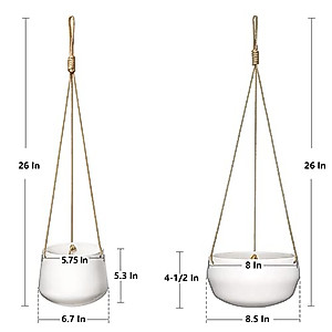 Mkono Ceramic Hanging Planter of Shallow 8 Inch and Deep 6 Inch for Indoor Outdoor Plants, Set of 2 Modern Plant Pot Geometric Porcelain Hanging Basket with Polyester Rope Hanger for Herbs Ferns Ivy