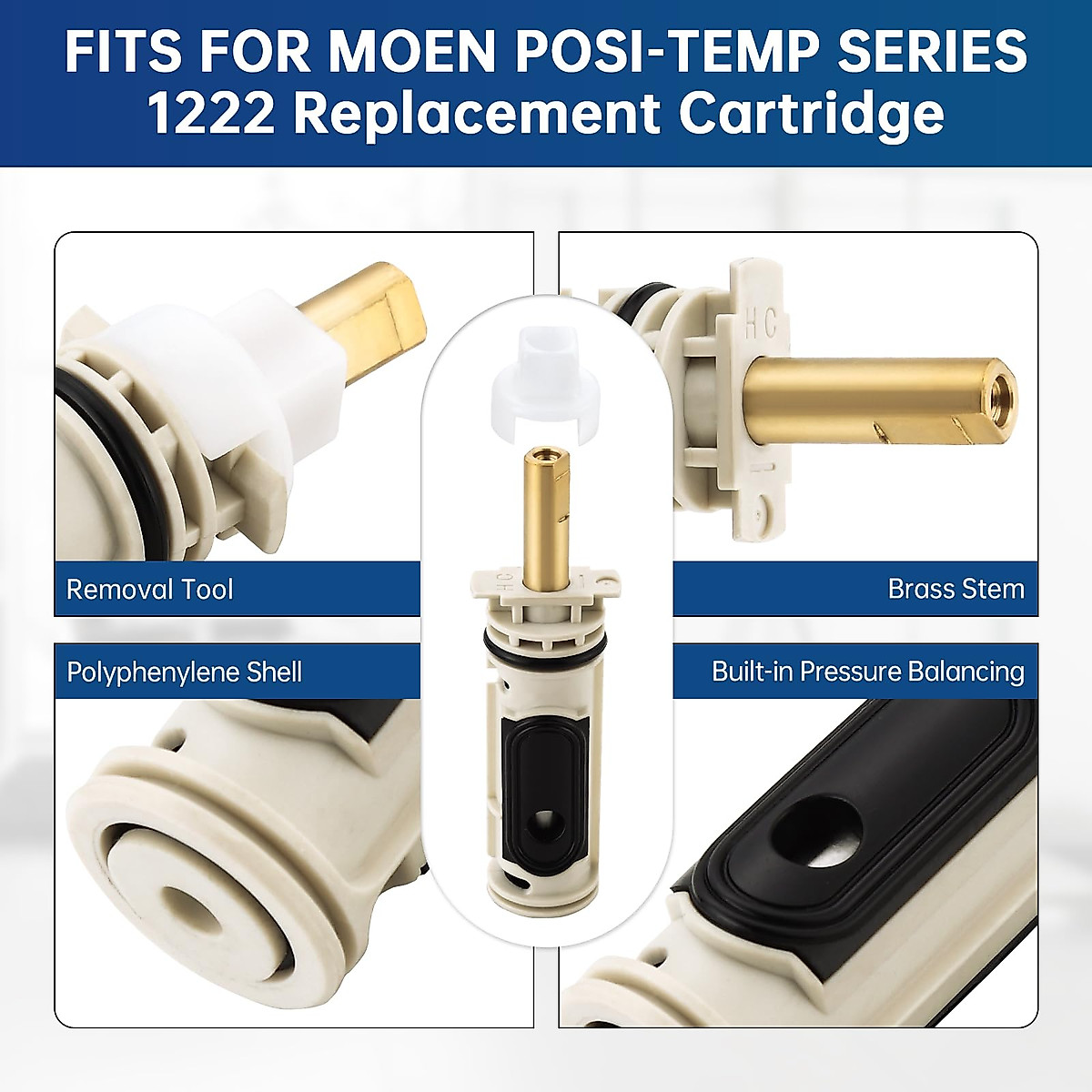 1222 Replacement Cartridge with 104421 Cartridge Puller and 100710 Shower Knob, Shower Repair Kit Compatible with Moen Posi-Temp One-Handle Tub and Shower