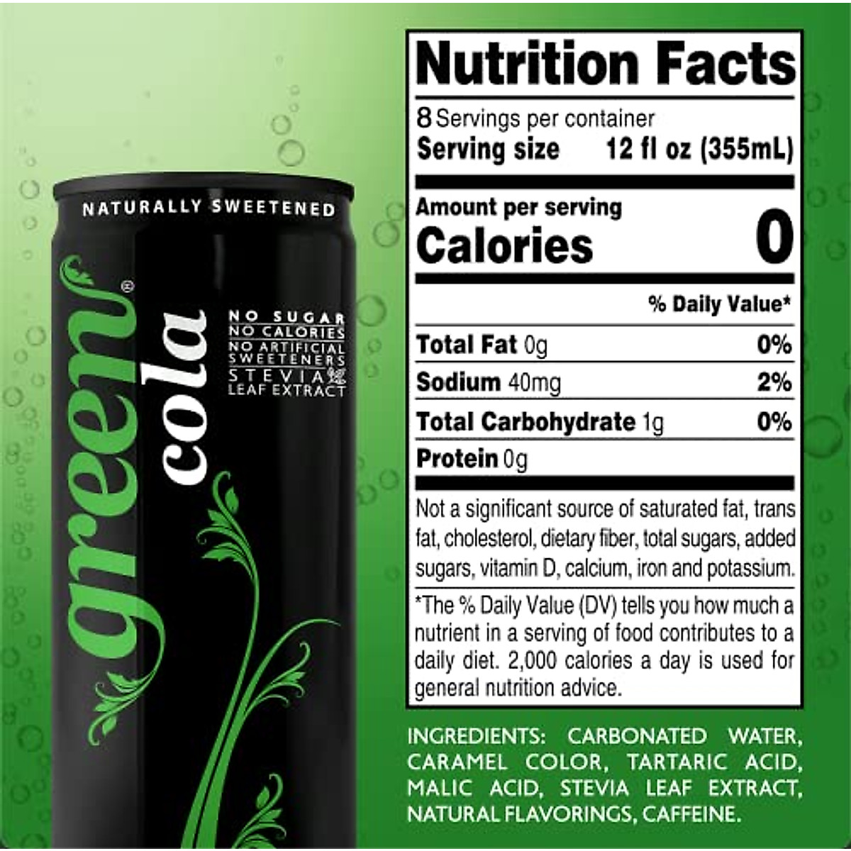 Green Cola - Sugar Free, Zero Calories, Naturally Sweetened with 100% Stevia Leaf Extract, Carbonated Soda, 100% Cola Taste, 12 Fl Oz each can - Pack of 8