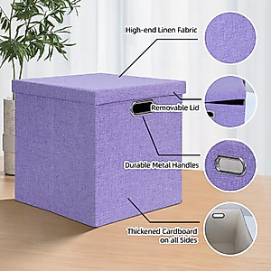 ORGMASTER Stackable Fabric Storage Bins with Lids, 13 x 13 Storage Cubes, Collapsible Bins Cube Storage Organizer Boxes Containers Baskets for Home, Office, Closet, Shelves, 4-Pack, Purple