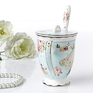 Krysclove Vintage Ceramic Tea Cup Coffee Mug with Lid and Spoon Set, Royal Fine Bone China Mugs 11oz(Light Blue)