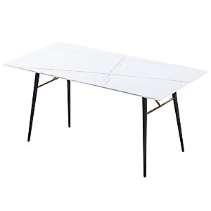 kevinplus 70'' Dining Table, Slate Kitchen Dining Table with Sintered Stone Top Surface, Modern Mid-Century Rectangular Conference Table for Office, Living Room Dinner Table, Metal Legs, White & Gold