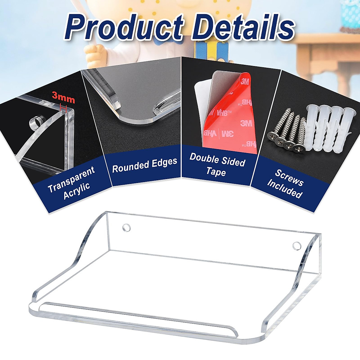 Cosmos 2 Pcs Acrylic Display Shelves Wall Figure Display Stand Floating Shelves Compatible with Funko Pop Figure Collection Box (4.5" x 3.5") - With Screws and Self Adhesive Tape, Transparent Clear