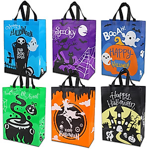 DERAYEE 6 Pcs Halloween Trick or Treat Bags, Large Non-Woven Halloween Tote Bags with Handles, Reusable Goodie Gift Bags Multipurpose Bags for Halloween Party Favors Supplies (15.6" x 11.6" x 5.9")