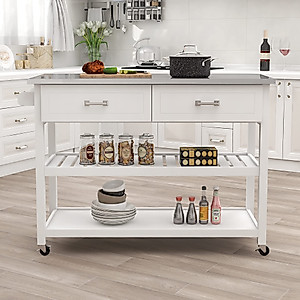 RASOO Kitchen Island White Stainless Steel Top Kitchen Cart On Wheels with 2 Drawers and Storage Shelves, 47.24"x19.68"x35.82"(LxWxH