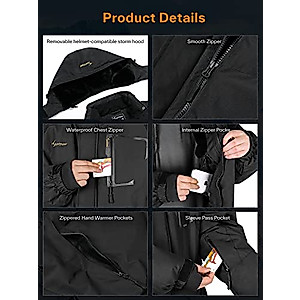 Sportneer Men Waterproof Ski Jackets: Winter Spring Warm Snow Coats Windbreaker Hooded Raincoat Jacket Black L