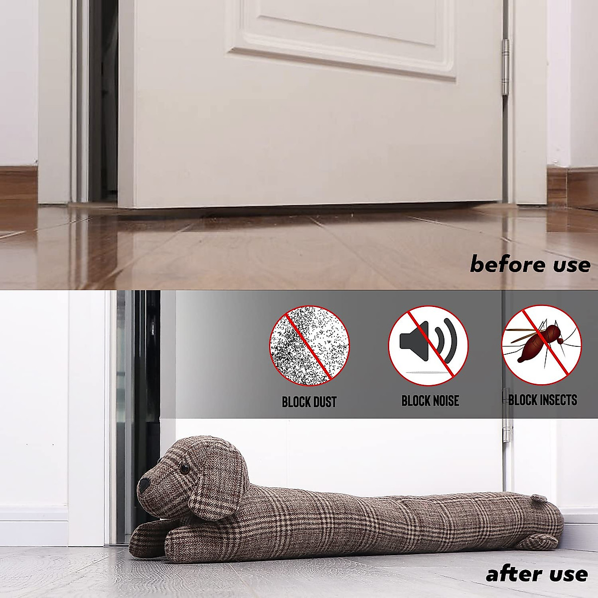 CERAYOU Dog Fabric Under Door Draft Stopper, 3LB Heavy Duty Decorative Soundproof Door Draft Blocker, 34 Inch Animal Energy Saving Draft Guard, Plaid