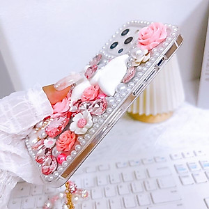 redecarie for Samsung Galaxy S9 Plus Diamond Case,Bling Glitter Luxury Crystal Rhinestone Cute Bow Flowers Pearl 3D Handmade Protective Phone Cover for Women Girls Kids with Bracelet Lanyard