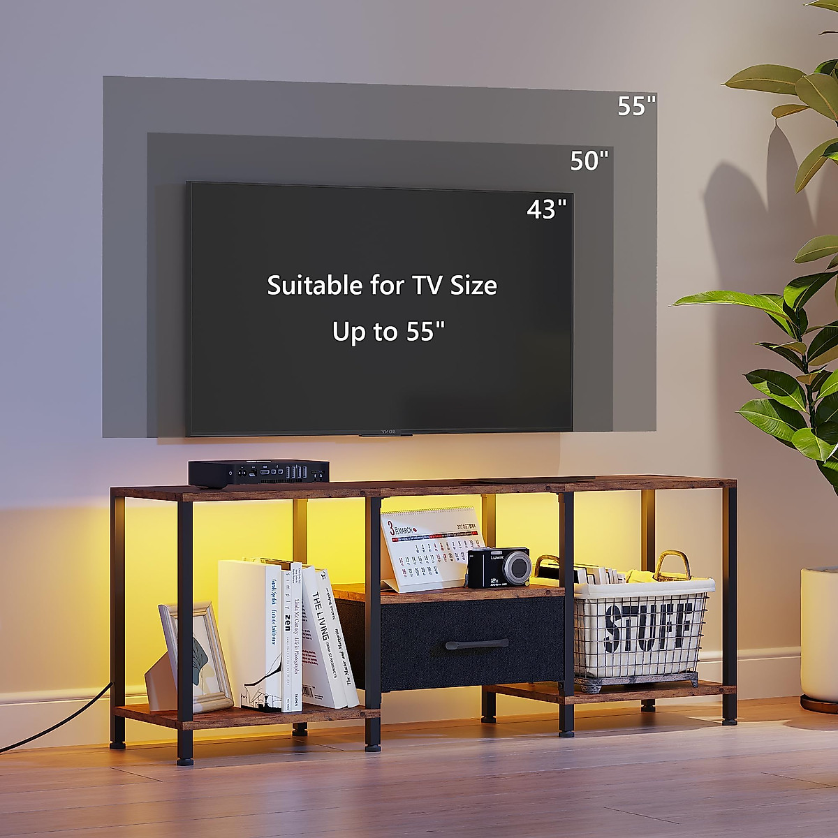 JARHETUN TV Stand with LED Lights, Entertainment Center with Open Shelves and Fabric Drawer, Media Console for 55 Inch TV, Television Stands, Living Room Furniture, Bedroom, Rustic Brown