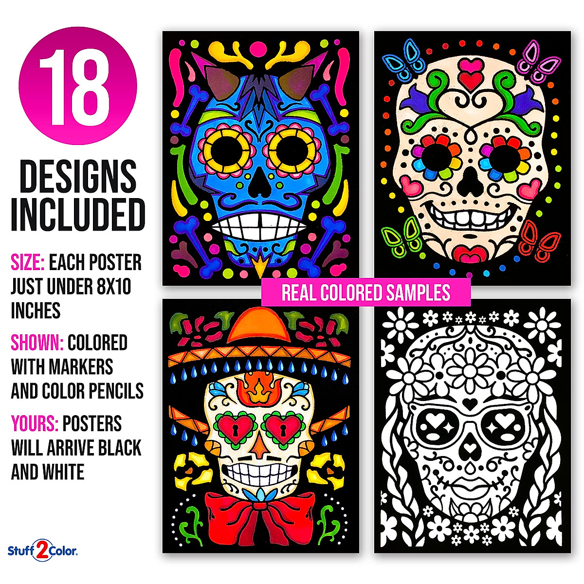 Stuff2Color Super Pack of 18 Fuzzy Velvet Coloring Posters (Sugar Skulls Edition) - Great Kid Friendly Halloween, Day of the Dead, Dia de los Muertos Arts and Craft Activity [All Ages Fun] (1 Pack)