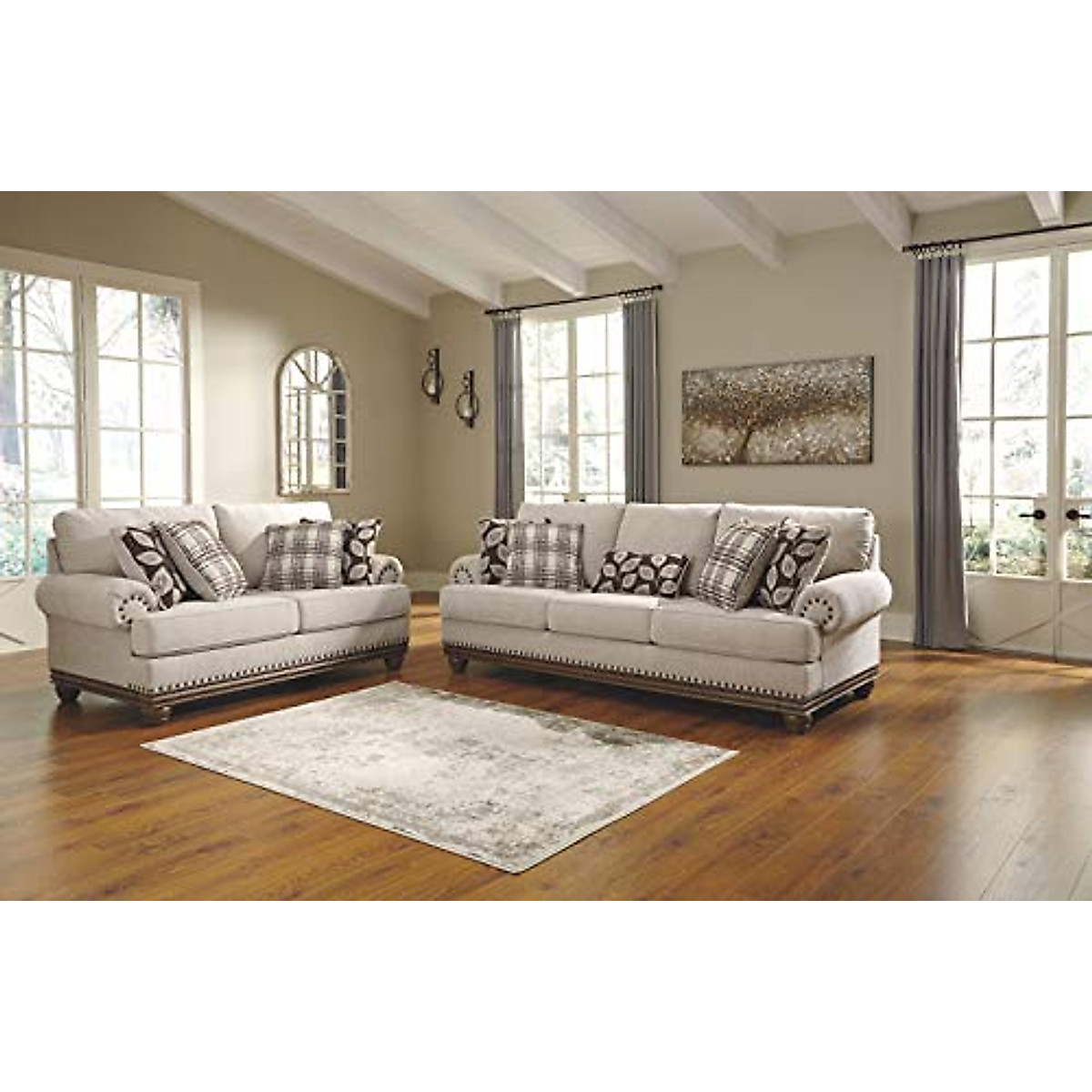 Signature Design by Ashley Harleson Modern Farmhouse Loveseat with Nailhead Trim and 4 Accent Pillows, Beige