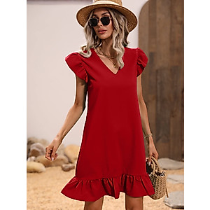 SOLY HUX Summer Dresses for Women V Neck Cap Sleeve Ruffle Hem Smock Short Dress Plain Red XL