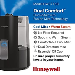 Honeywell Dual Comfort Cool + Warm Mist humidifier. Humidifier for Bedroom, Office, Living Room and Home. Provides Temporary Relief from Dry air discomforts - Black, HWC775B