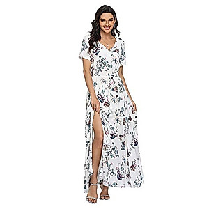 VintageClothing Women's Floral Print Maxi Dresses Boho Button Up Split Beach Party Dress