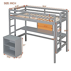 BOVZA Twin Size Loft Bed with Desk and Writing Board, Cabinet, Wood Loft Bed Frame with 2 Built-in Ladder and Guardrails for Kids Teens Girls Boys, Gray