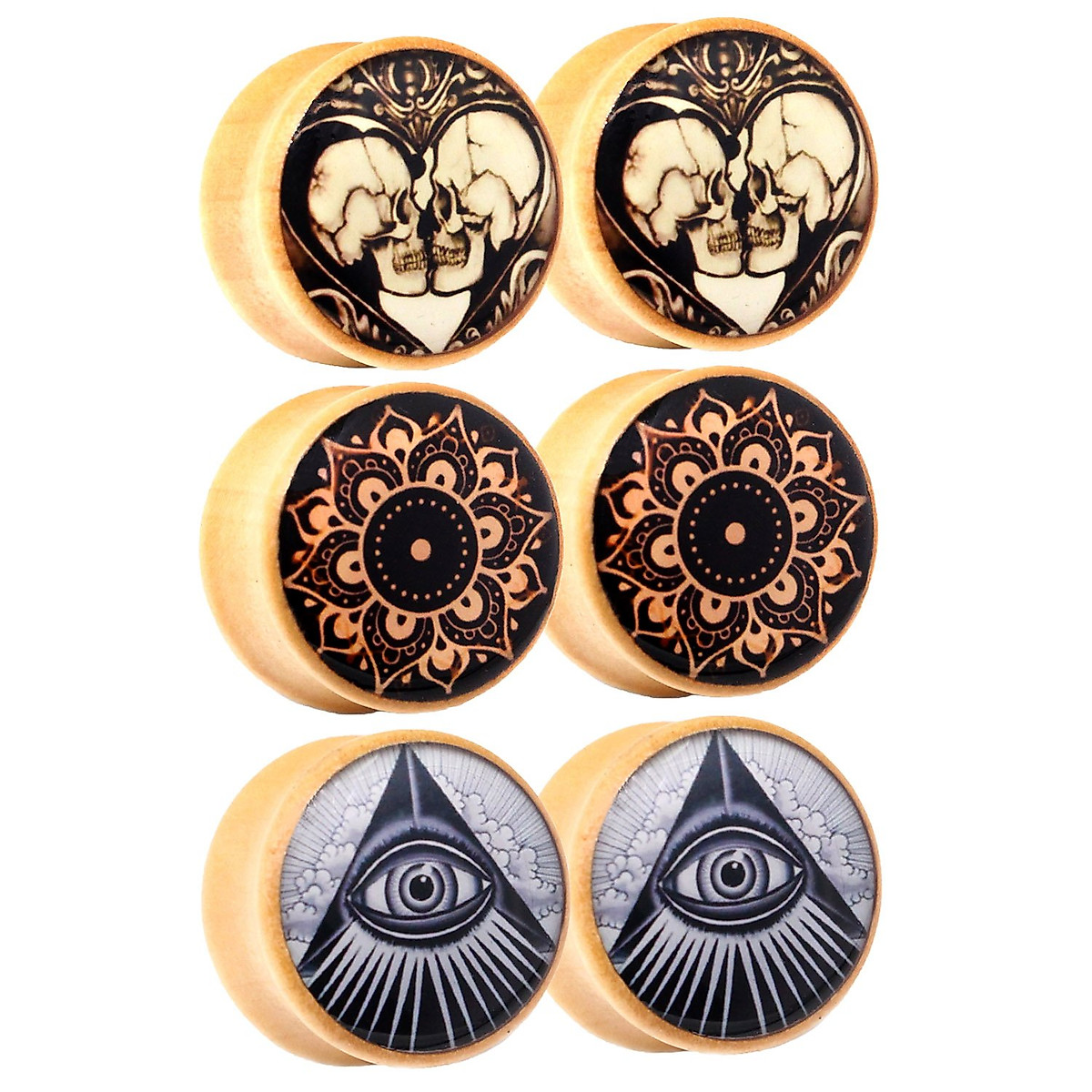 Awinrel Wood Saddle Ear Gauge Plugs Flesh Tunnel Stretcher Piercing Eyelet Mandala Skull Illuminati All Seeing Eye 3 Pairs 1 inch 25mm