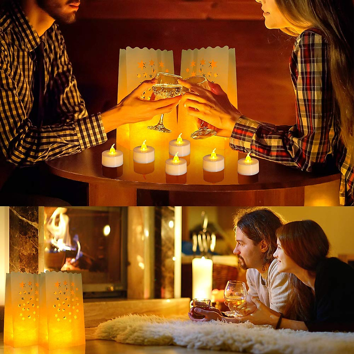 ANZOME Flameless Tea Lights with 30 Packs Luminary Bags, 30 Battery Operated LED Unscented Tea Lights Fake Tea Candles with Realistic Flames, Christmas, Weddings, Parties, Festivals, Halloween Decor