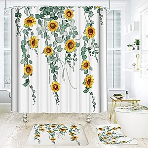 Mightree Shower Curtain Set of 4, Waterproof Fabric Bathroom Curtain with 12 Hooks, Toilet Lid Cover and Bath Mat, Non-Slip Rug Foot Mat, Sunflowers, Medium