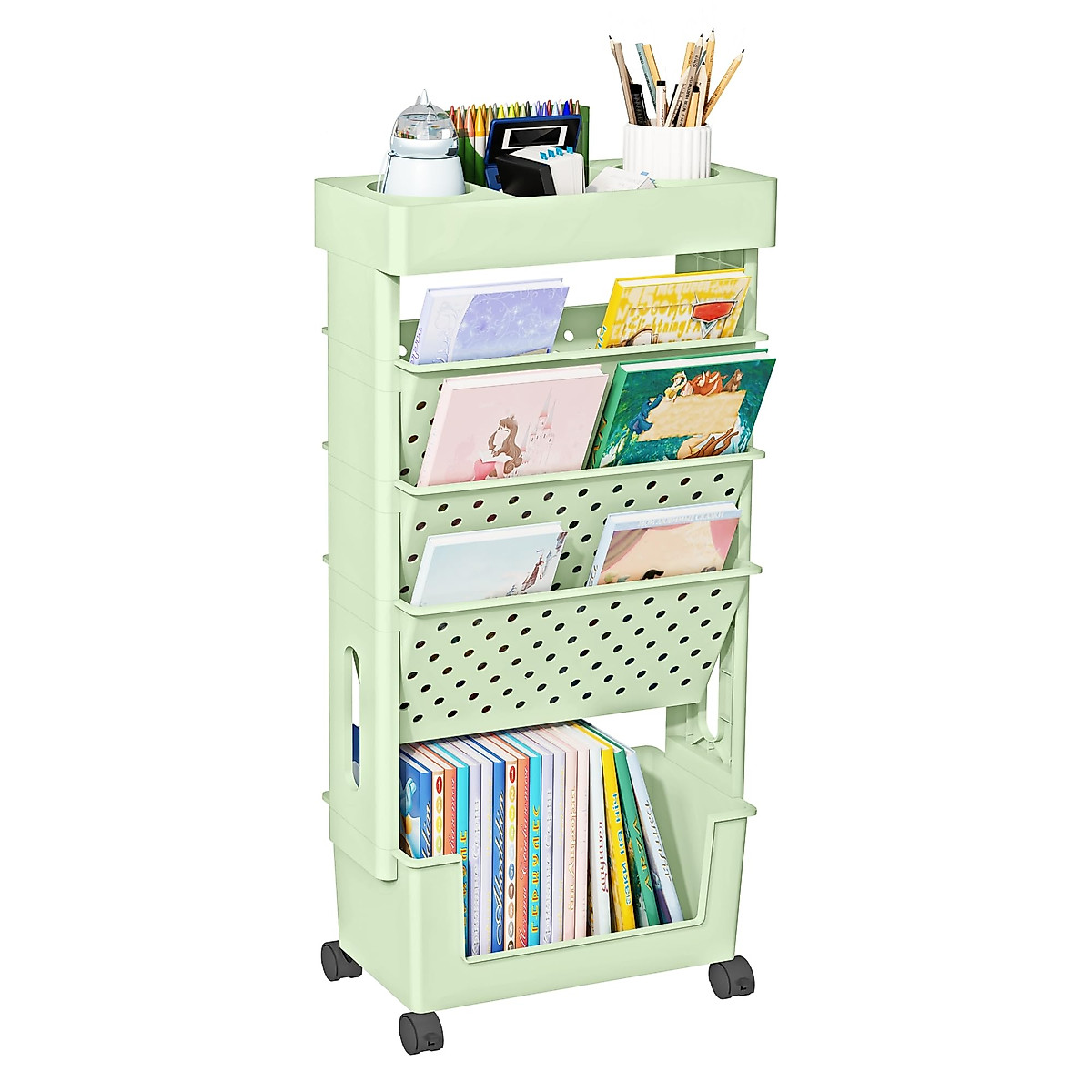 YEMUNY 5 Tier Rolling Utility Cart Multi-Functional Movable Storage Book Shelves with Lockable Casters for Study Office Kitchen Classroom, Light Green