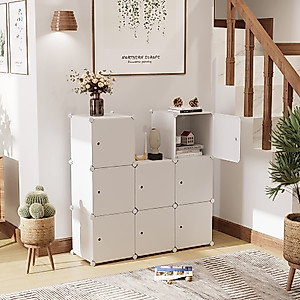 C&AHOME Cube Storage Organizer with Doors, 9-Cube Shelf, Closet Cabinet, DIY Plastic Modular Bookshelf, Storage Shelves Ideal for Bedroom,Living Room,36.6”L x 12.4”W x 36.6”H Milky USHS3009M-DOOR