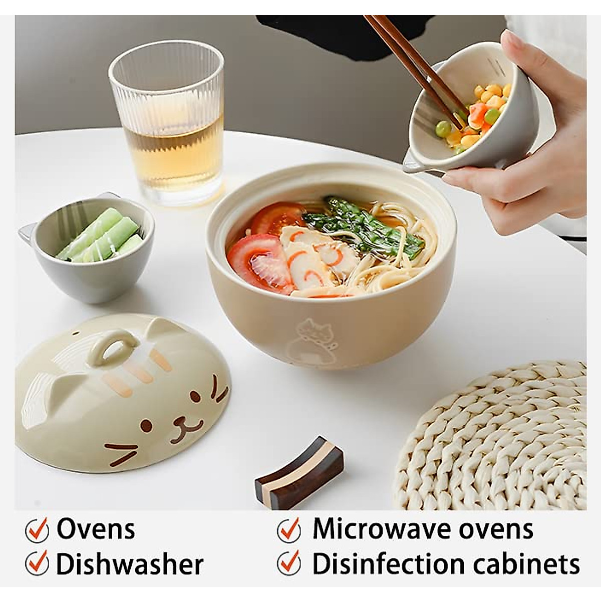 Japanese Style Ceramic Soup Bowls with Lids Ramen Bowl Cute Kitten Design for Mixing Salad, Noodle, Instant Noodles, Ramen Cooker, Kitchen Oven, Microwave Safe Bowl Cat Gifts for Cat Lovers (khaki)