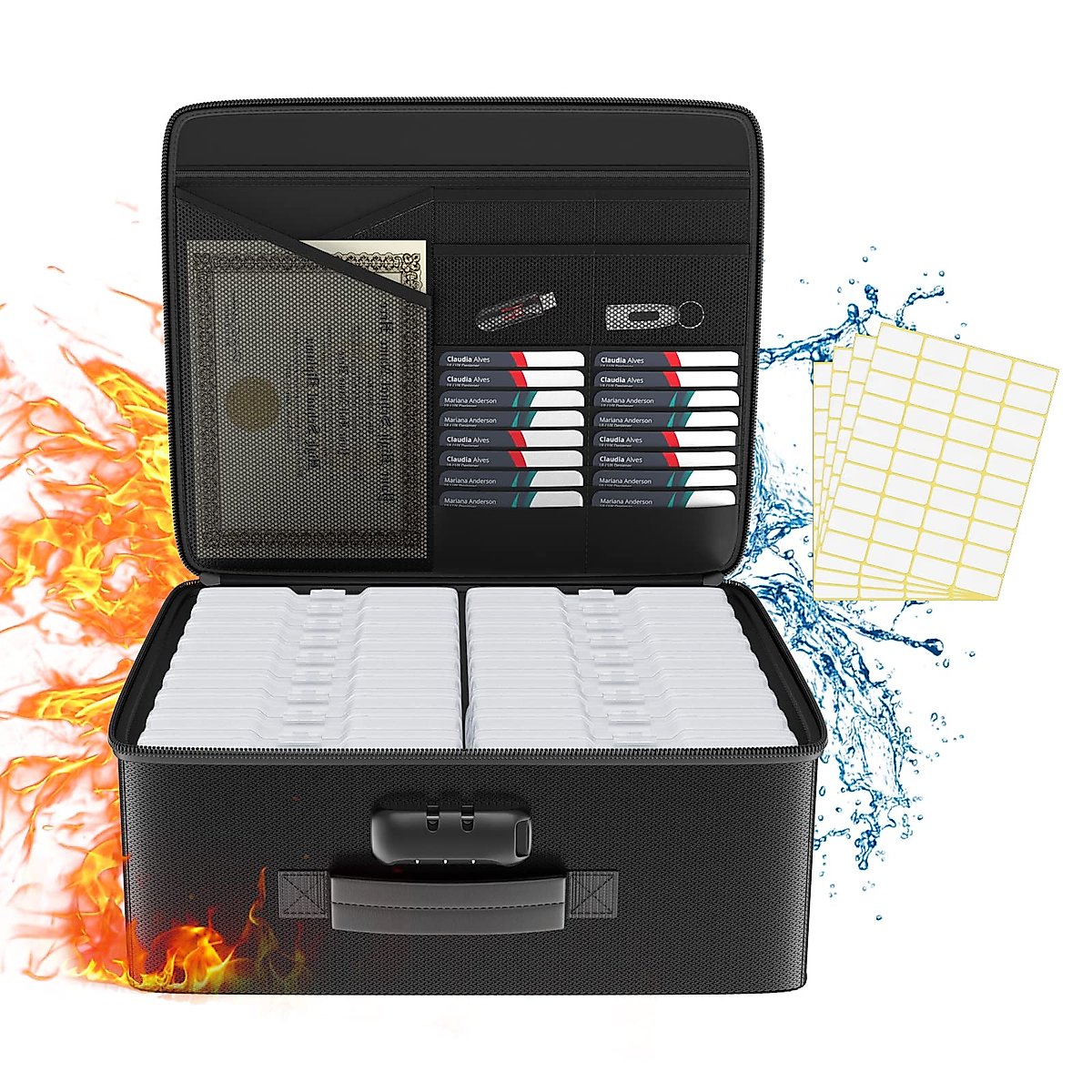 Fireproof Safe Photo Storage Box with 18 Inner 4" x 6" Clear Photo Cases, Portable Photo Organizer with Lock for Picture, Collapsible Photo Container with Handle and 18 Boxes 4 Sheet Label Stickers
