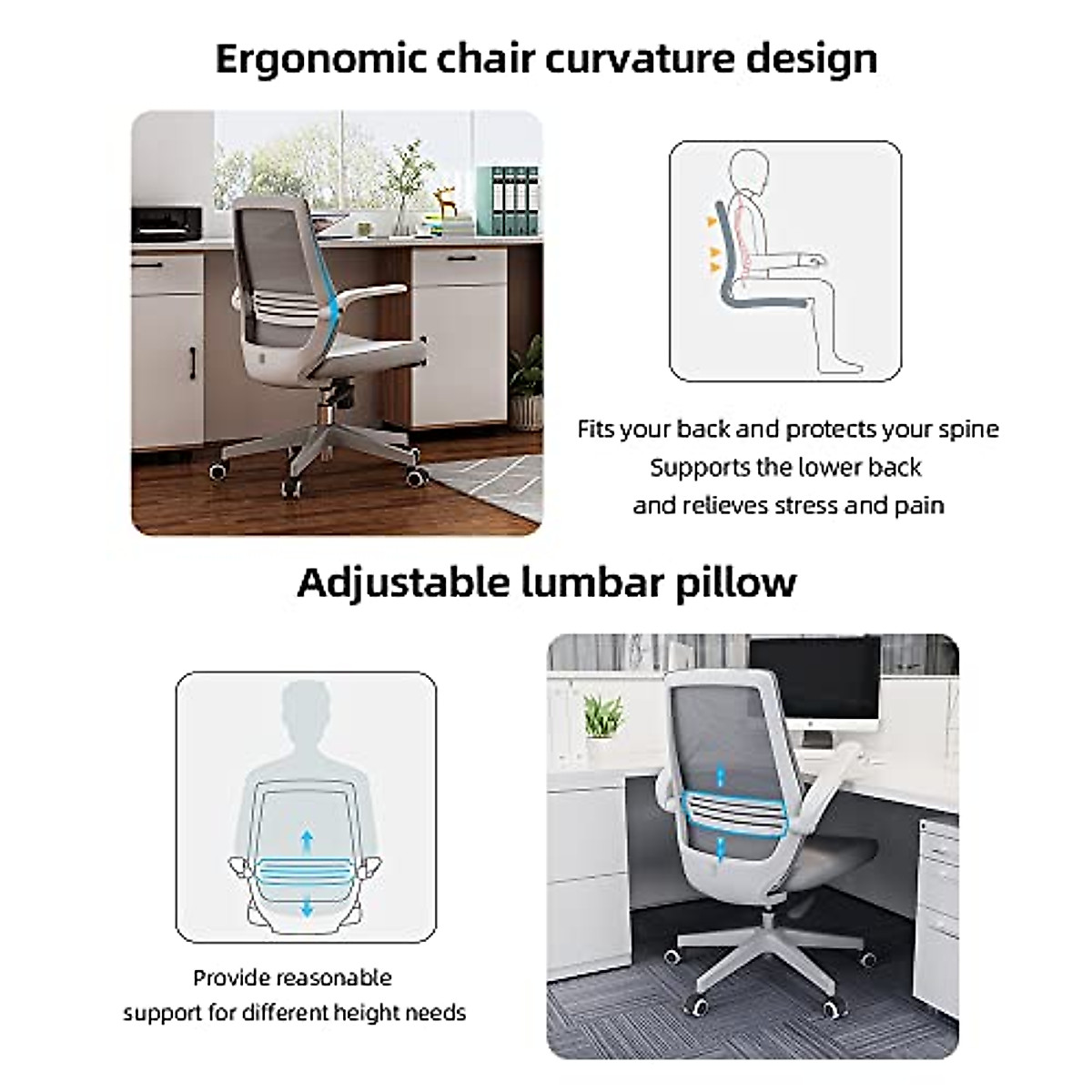 SIHOO Ergonomic Office Chair, Swivel Desk Chair Height Adjustable Mesh Back Computer Chair with Lumbar Support, 90° Flip-up Armrest (Grey)