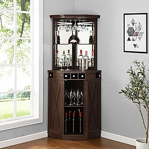 Home Source 73" Tall Corner Storage Cabinet with Wood Doors, Wine Rack, Liquor Glass Holder, Glass Design Large Rustic Bar Hutch for Living Room, Home Office, Kitchen, Small Space, Mahogany