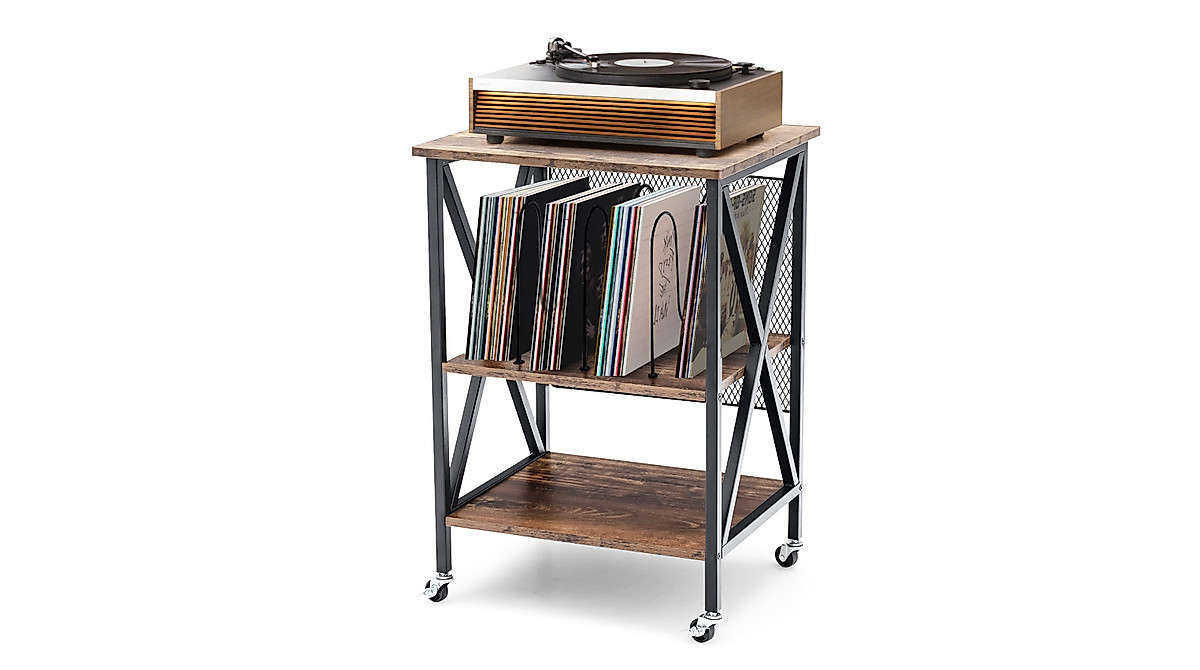 GOFLAME 3-Tier Record Player Stand with Lockable Wheels - Brown