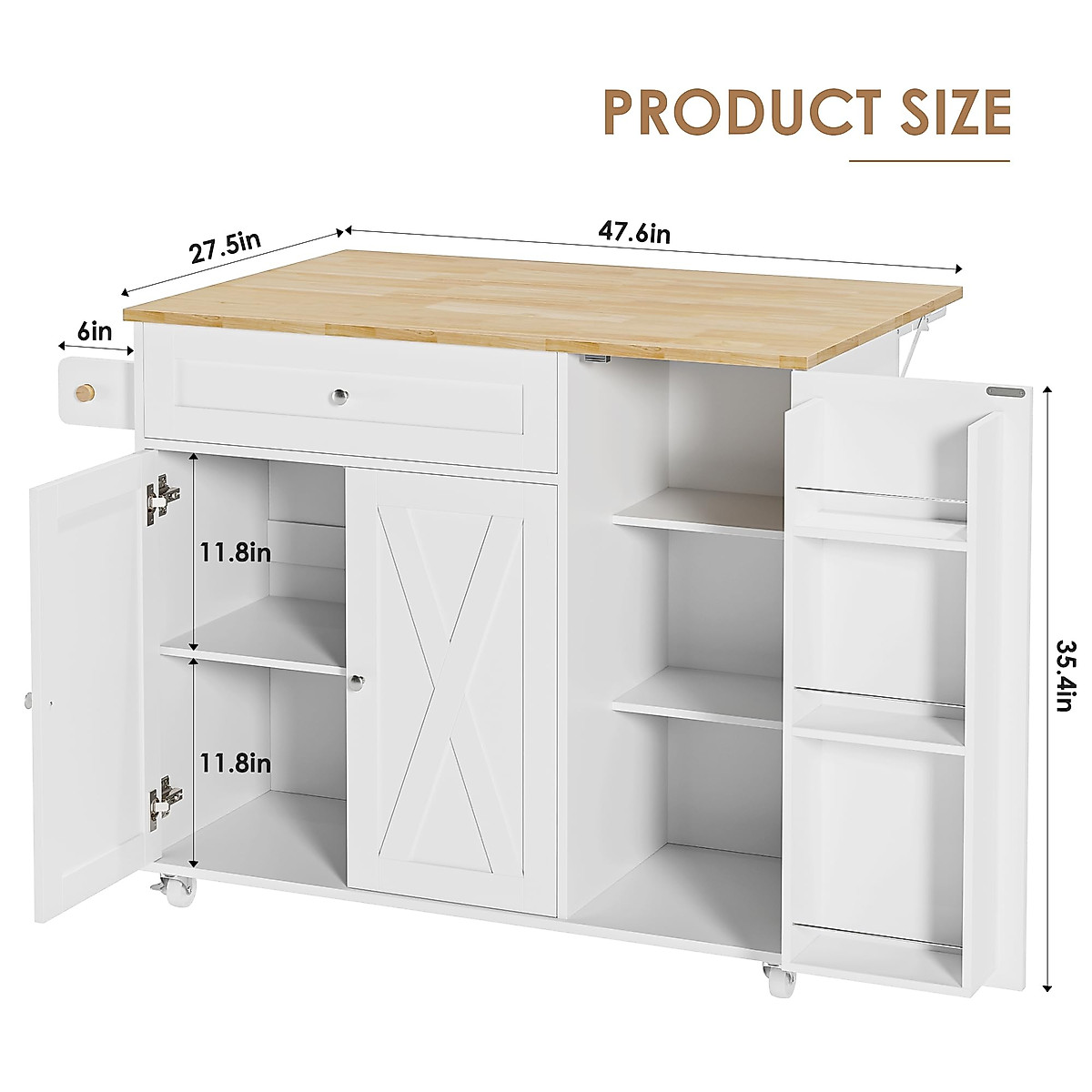 BOTLOG Kitchen Island with Storage, Island Table on Wheels with Drop Leaf, Spice Rack, Drawer, Towel Rack, Rolling Kitchen Island Cart for Dinning Room, White 15.7-27.55" D x 47.63" W x 35.43" H