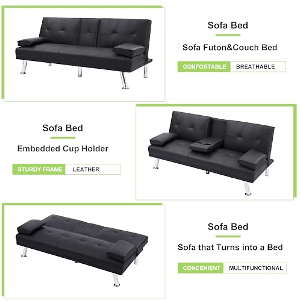 PAPAHUG Convertible Versatile Sleeper Folding Futon Bed,Adjustable Faux Leather Sofa Couch for Living Room,Metal Legs, 2 Cup Holders