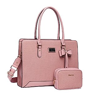 MOSISO Laptop Tote Bag for Women, 15.6 inch PU Leather Laptop Bag Compatible with MacBook, HP, Dell, Asus Notebook, Large Capacity Woven Travel Work Office Computer Briefcase & Clutch Purse, Pink