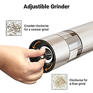 Electric Salt and Pepper Grinder Set - Automatic, Refillable, Battery Operated Stainless Steel Pepper Mill and Salt Grinder with Light - One Handed Push Button Salt and Pepper Shakers