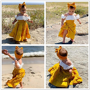 LXXIASHI 3PCS Toddler Baby Girl Off Shoulder Ruffle Crop Top + Maxi Long Skirt + Headband Outfits Set (White Yellow, 3-4 Years)