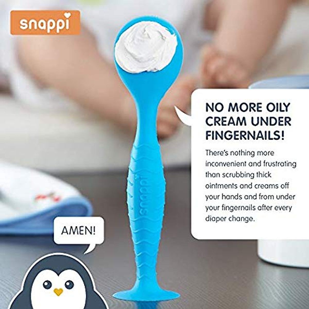 Snappi Baby Ergo Brush Diaper Cream Applicator for a Baby Bum | Medical-Grade Silicone Diaper Rash Cream Bottom Brush Keeps Hands/Fingernails Clean (Azure Blue)